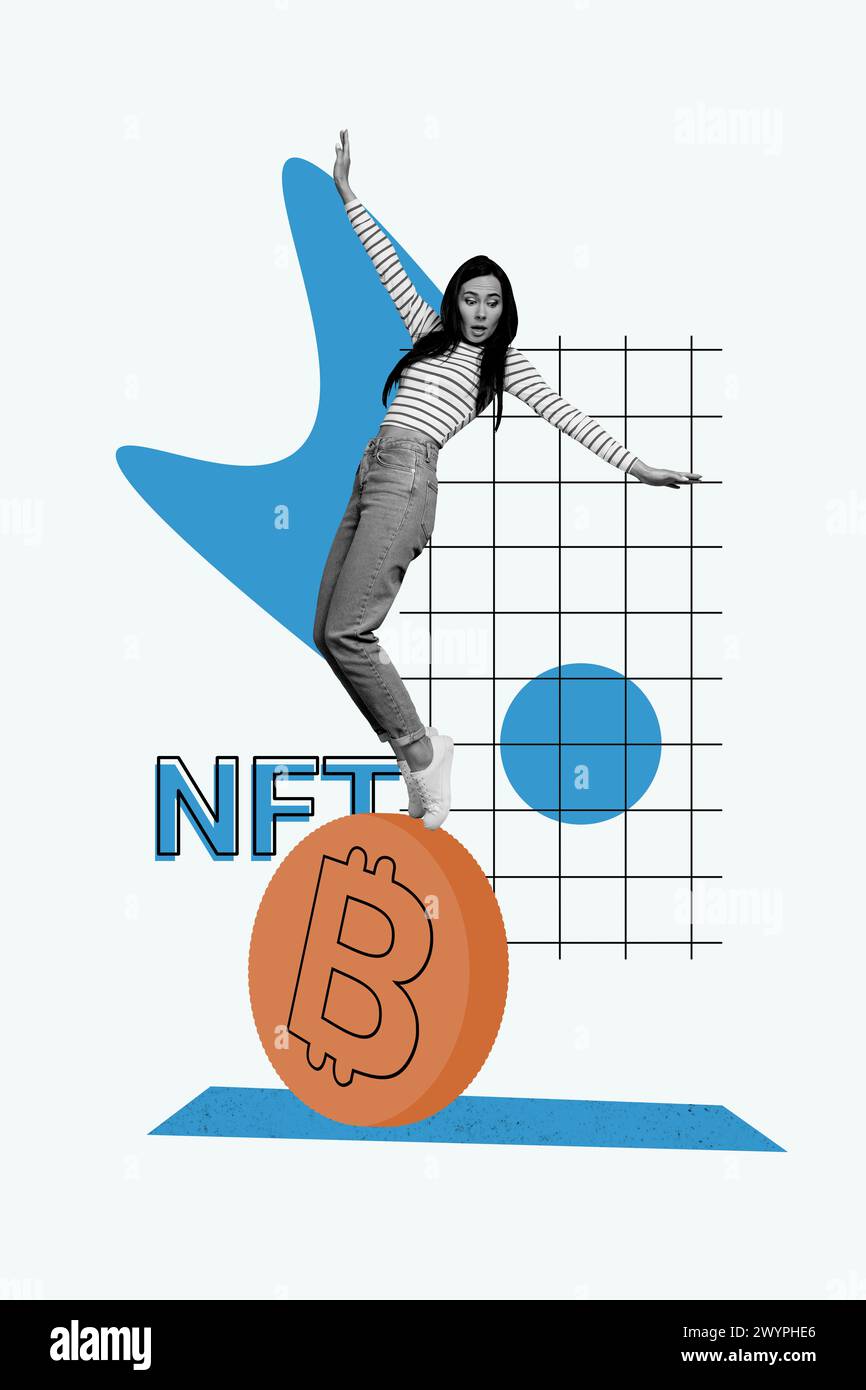 Vertical picture collage young standing woman balance golden btc coin ...
