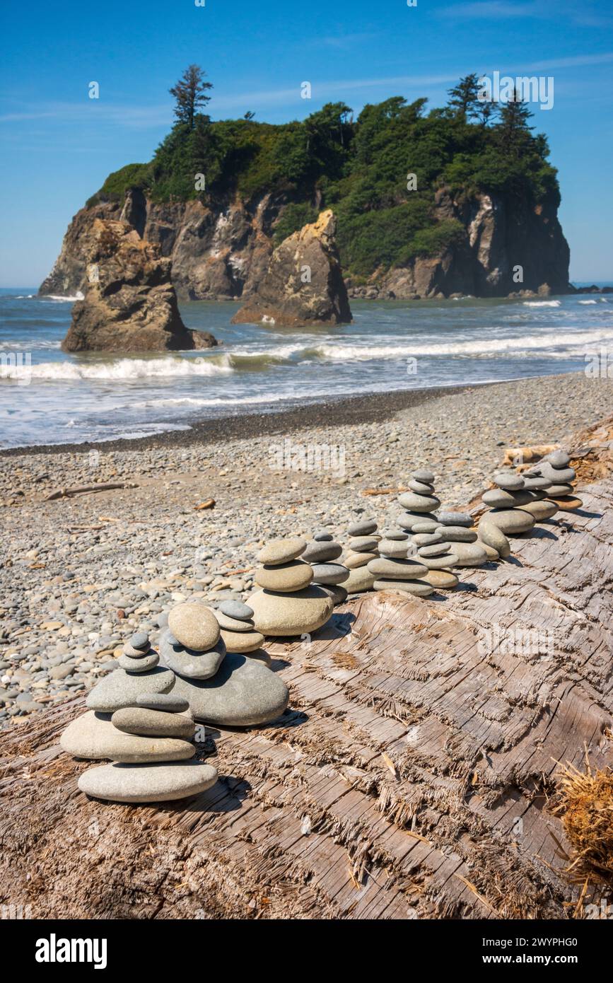 Cairn of rocks stacked on Ruby Beach on the Olympic Peninsula in the ...