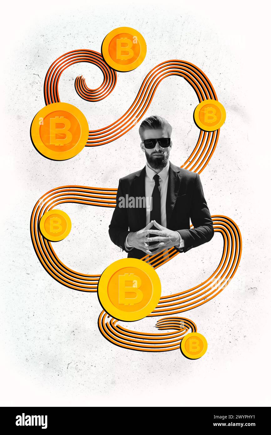 Vertical photo collage of bossy man wear suit sunglass hold hands pose ...