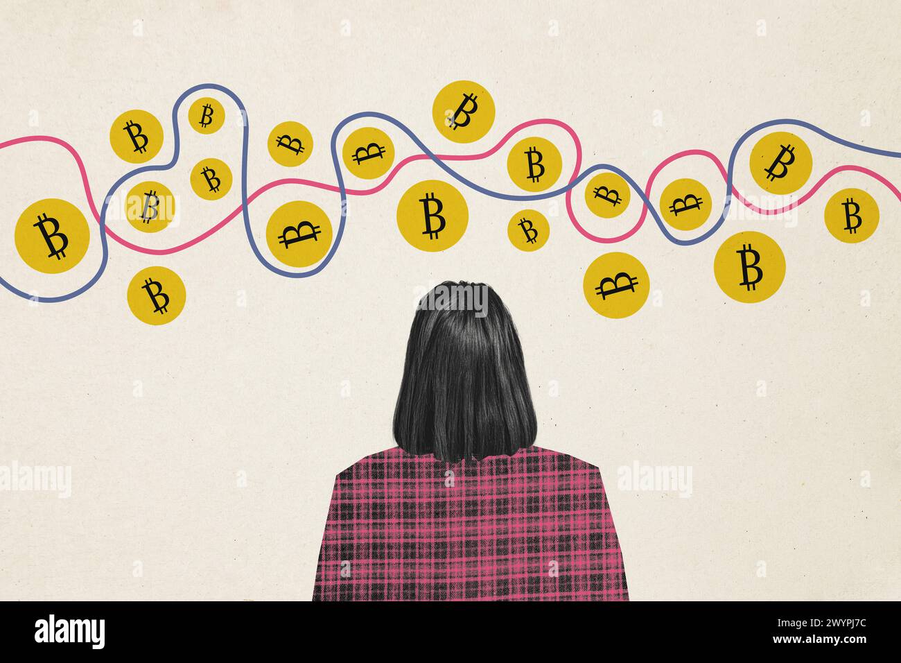 Composite photo collage of young girl stand back look blockchain chart ...