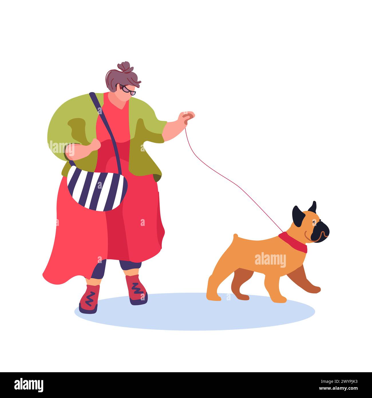 Fat fashionable woman with French bulldog. Pet friendly. Character girl ...