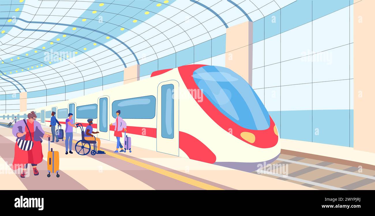 Train Station. An electric train on a platform with passengers ...