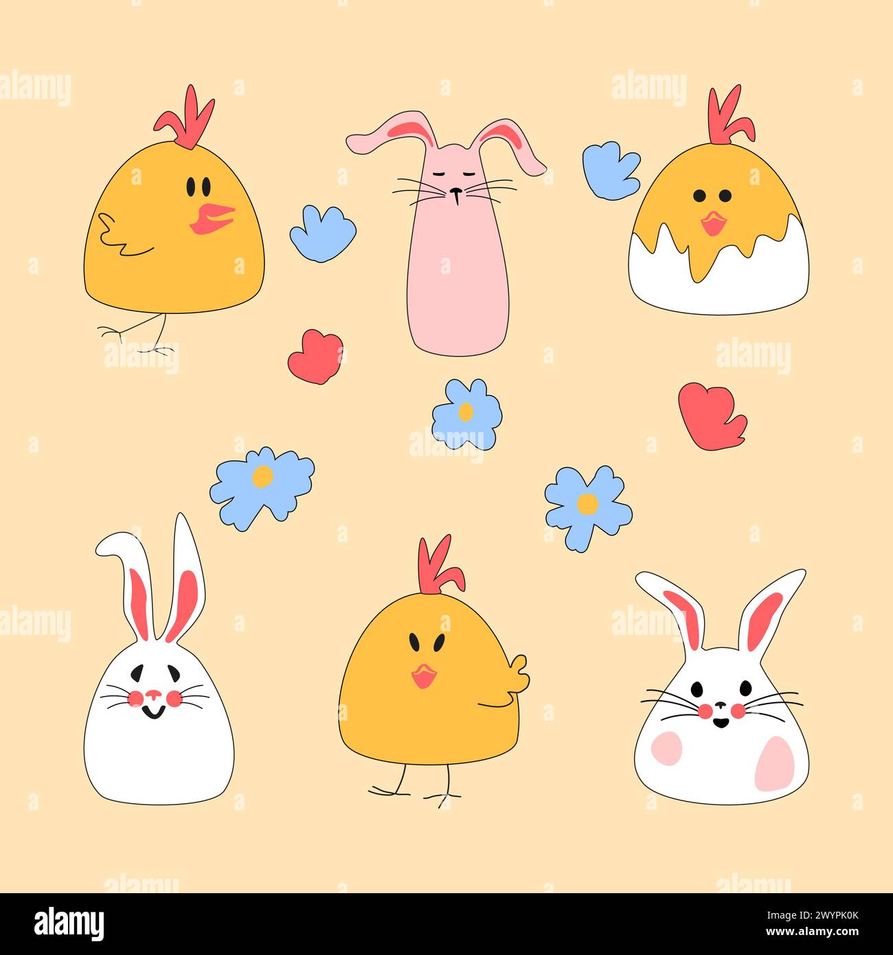 Set of Easter characters. Cute Easter bunny with chicken and egg for ...