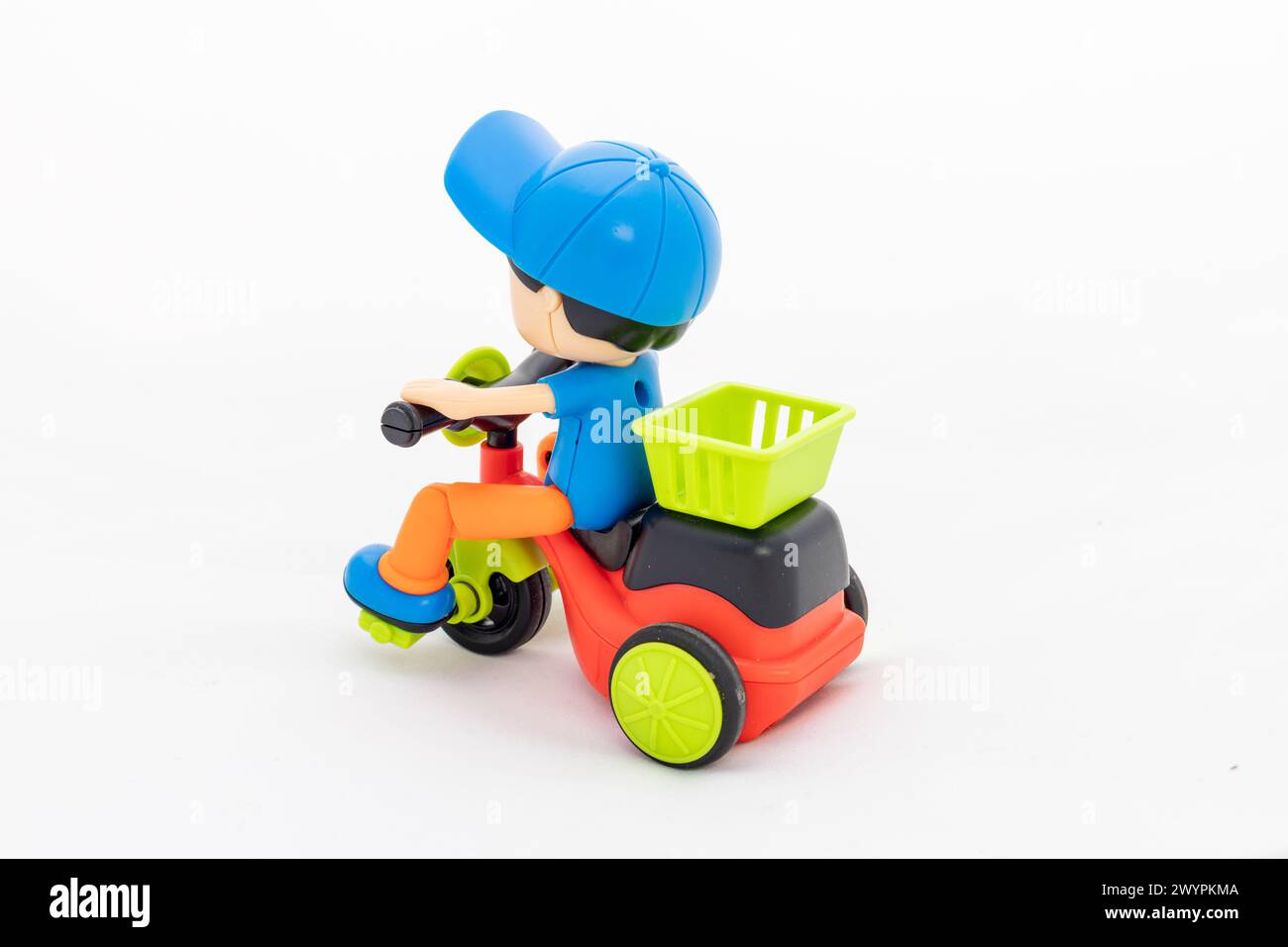 Plastic toy cycle with delivery box on white isolated background Stock ...