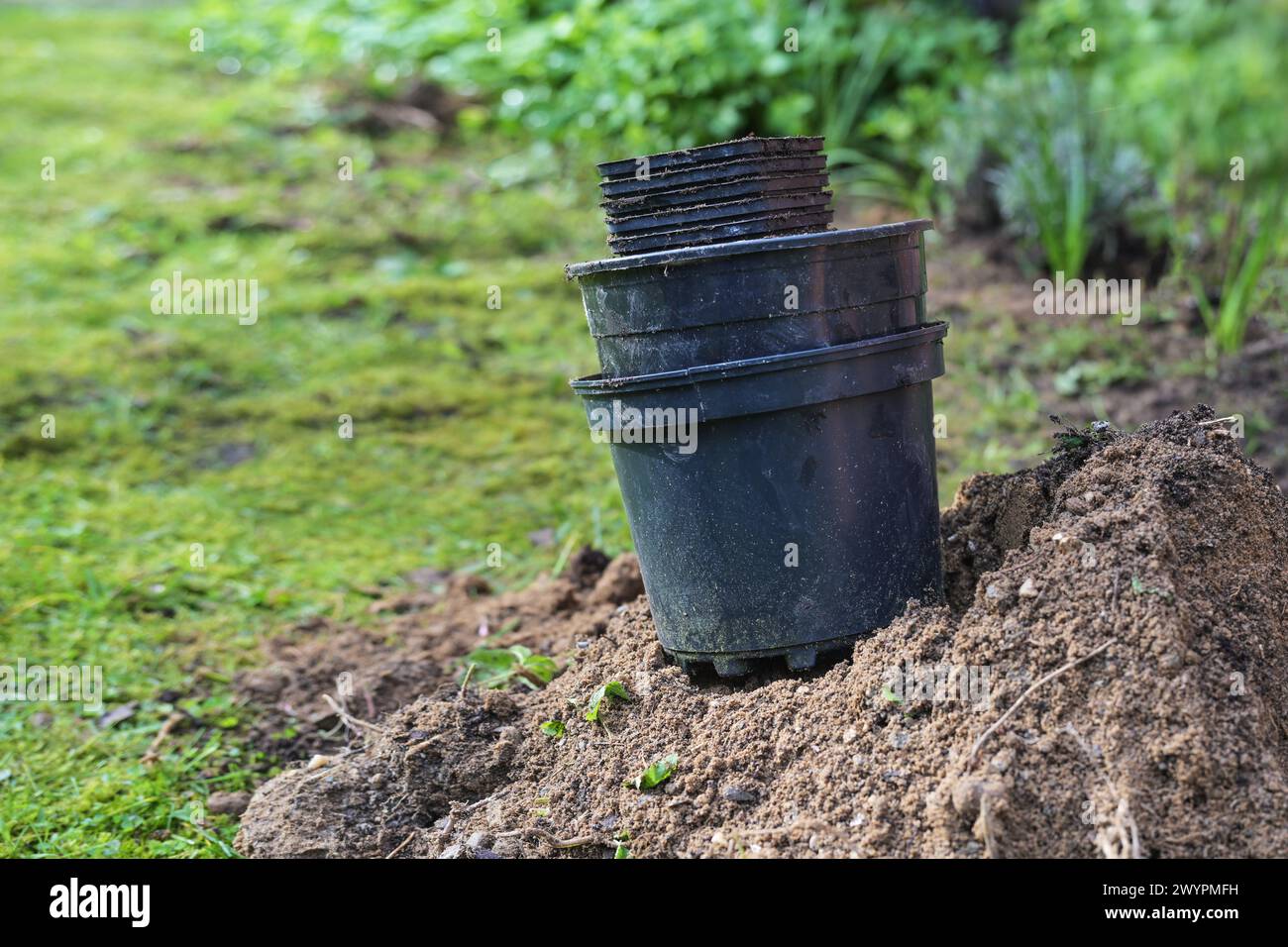 Empty black plastic plant pots on a heap of garden soil after planting ...