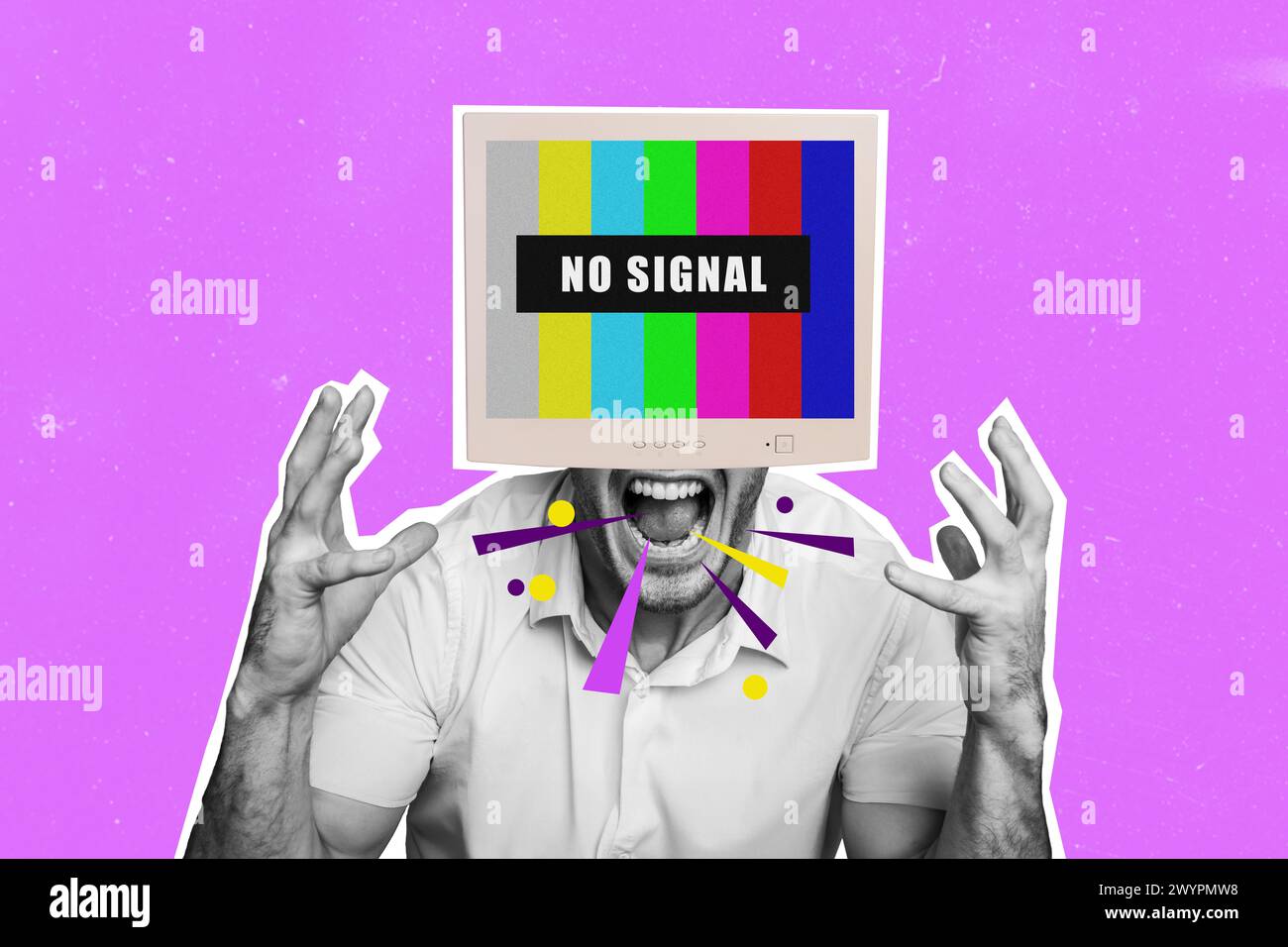 Creative picture collage young outraged man screaming no signal ...