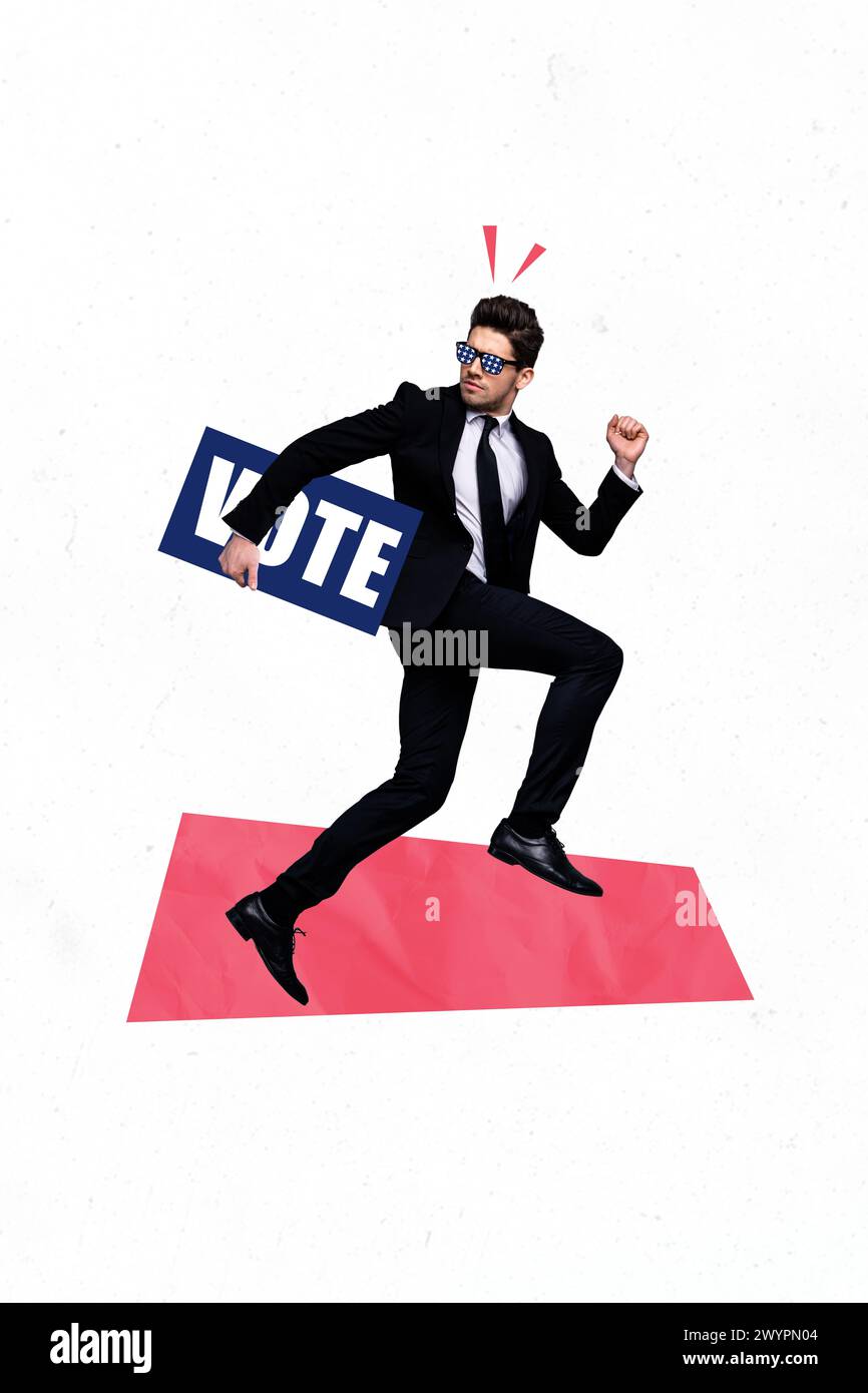 Vertical collage picture running young man entrepreneur formalwear suit ...