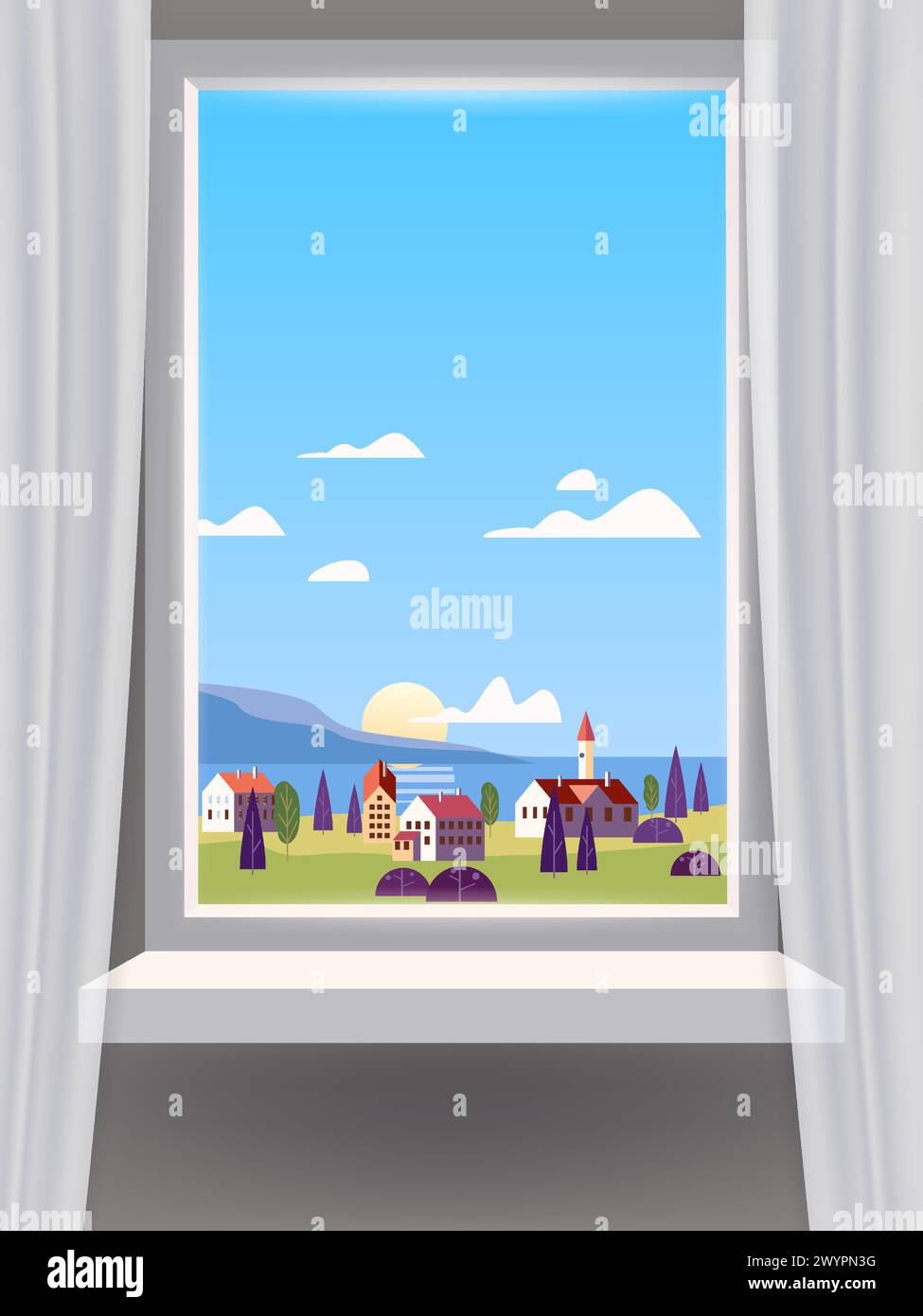 Window view interior, minimal landscape, sea, ocean, coastal town ...