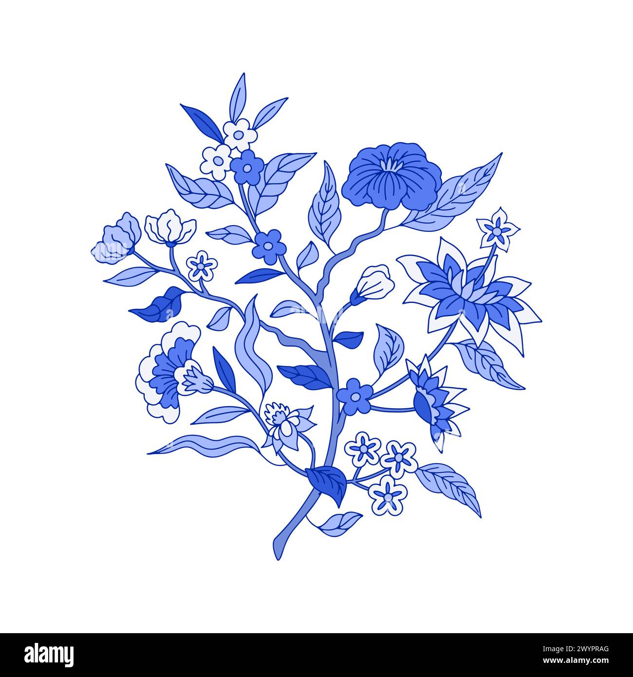 Monochrome blue chinoiserie hand drawn motif Stock Vector Image & Art ...