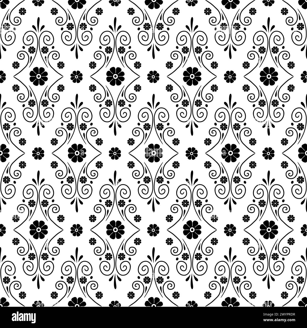 Seamless pattern with black swirls and small flowers on white ...