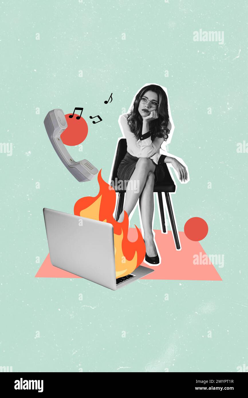 Vertical collage picture young dreamy thoughtful businesswoman sitting ...