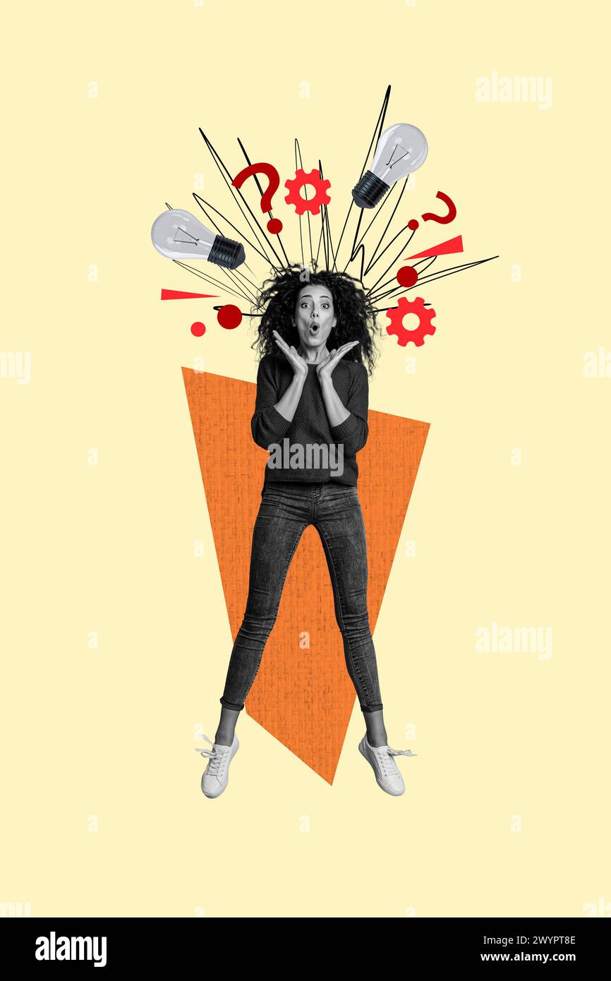 Vertical photo collage picture young amazed happy girl questioned ...