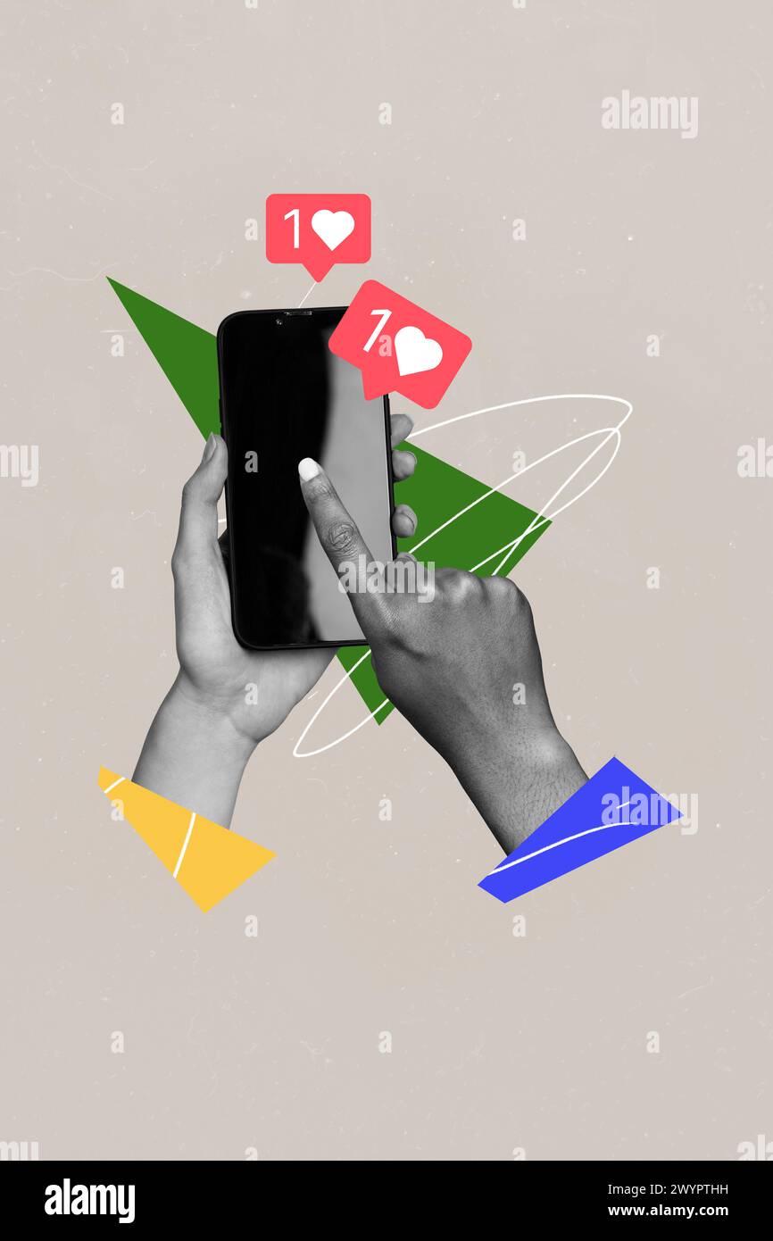 Vertical photo collage of hand hold show iphone screen notification ...