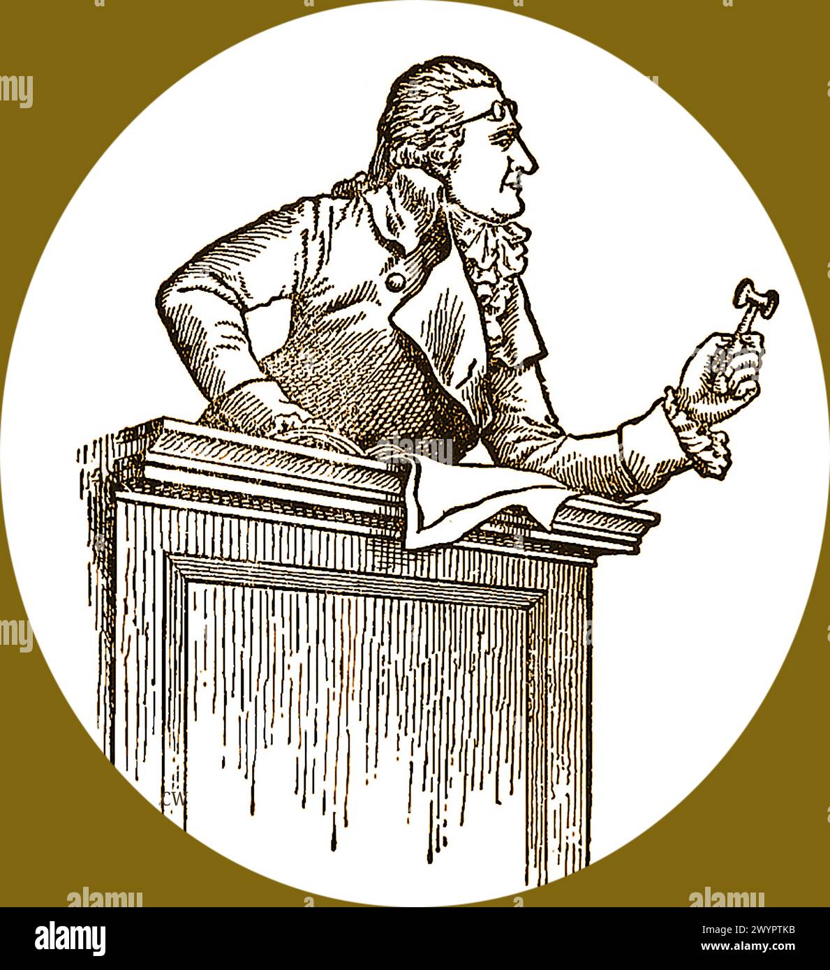 A mid 19th century auctioneer in typical dress and wig of the time ...