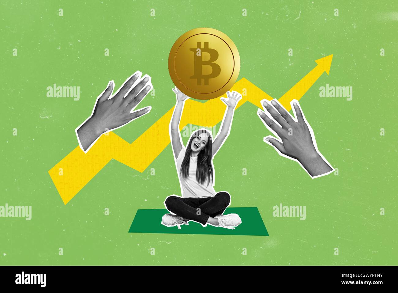 Creative picture collage happy joyful girl human hands bitcoin golden ...