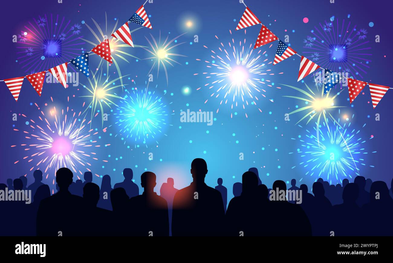 brightly colorful fireworks triangle bunting flags in american national ...