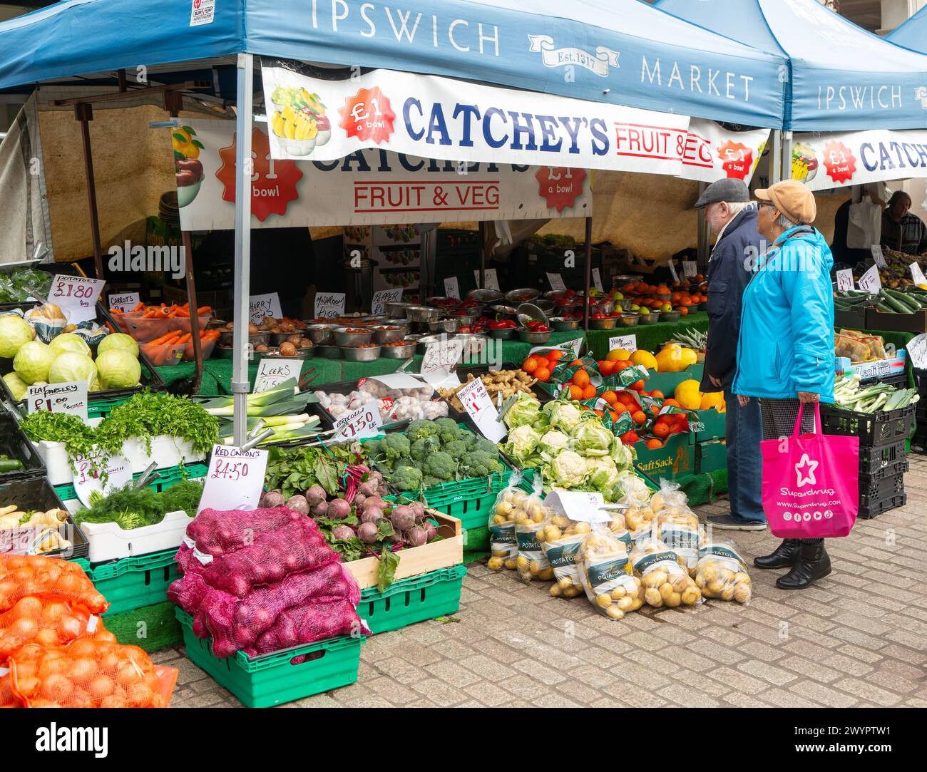 Catchey's Fruit and vegetable market stall, Ipswich, Suffolk, England ...