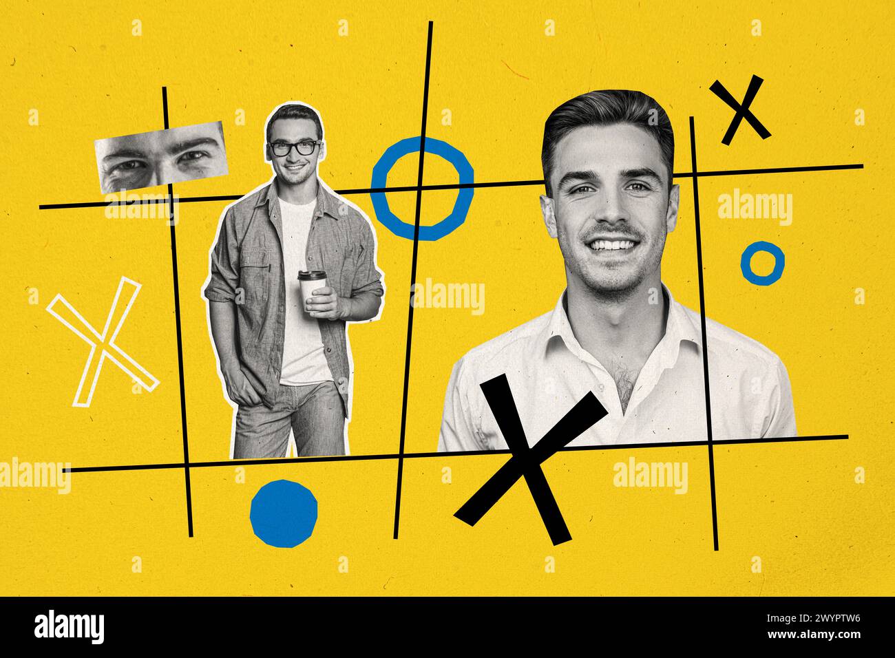 Composite photo collage of young guys friends game tic tac toe eyes ...