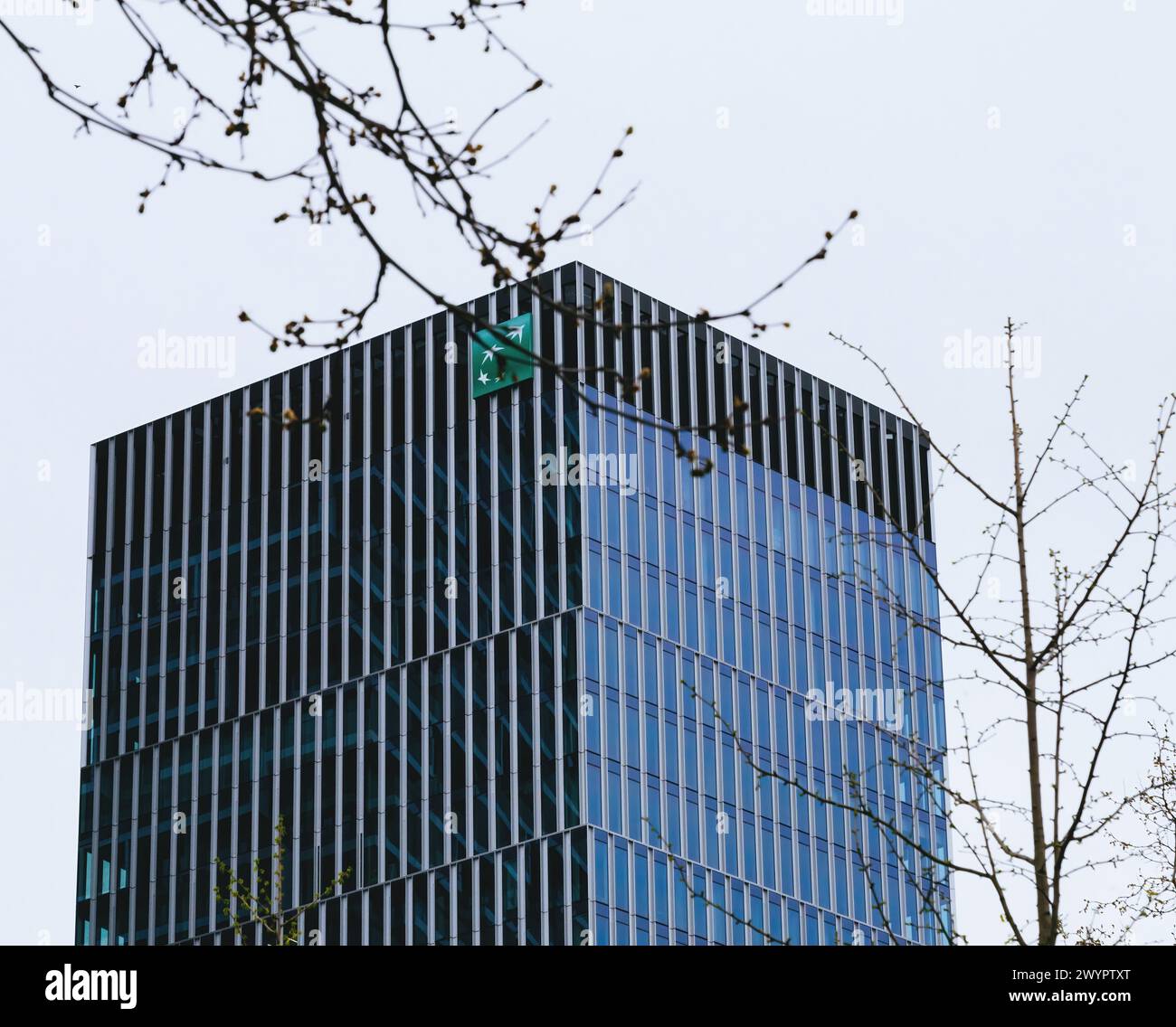 Frankfurt, Germany - Mar 31, 2024: Low-angle view of BNP Paribas bank ...
