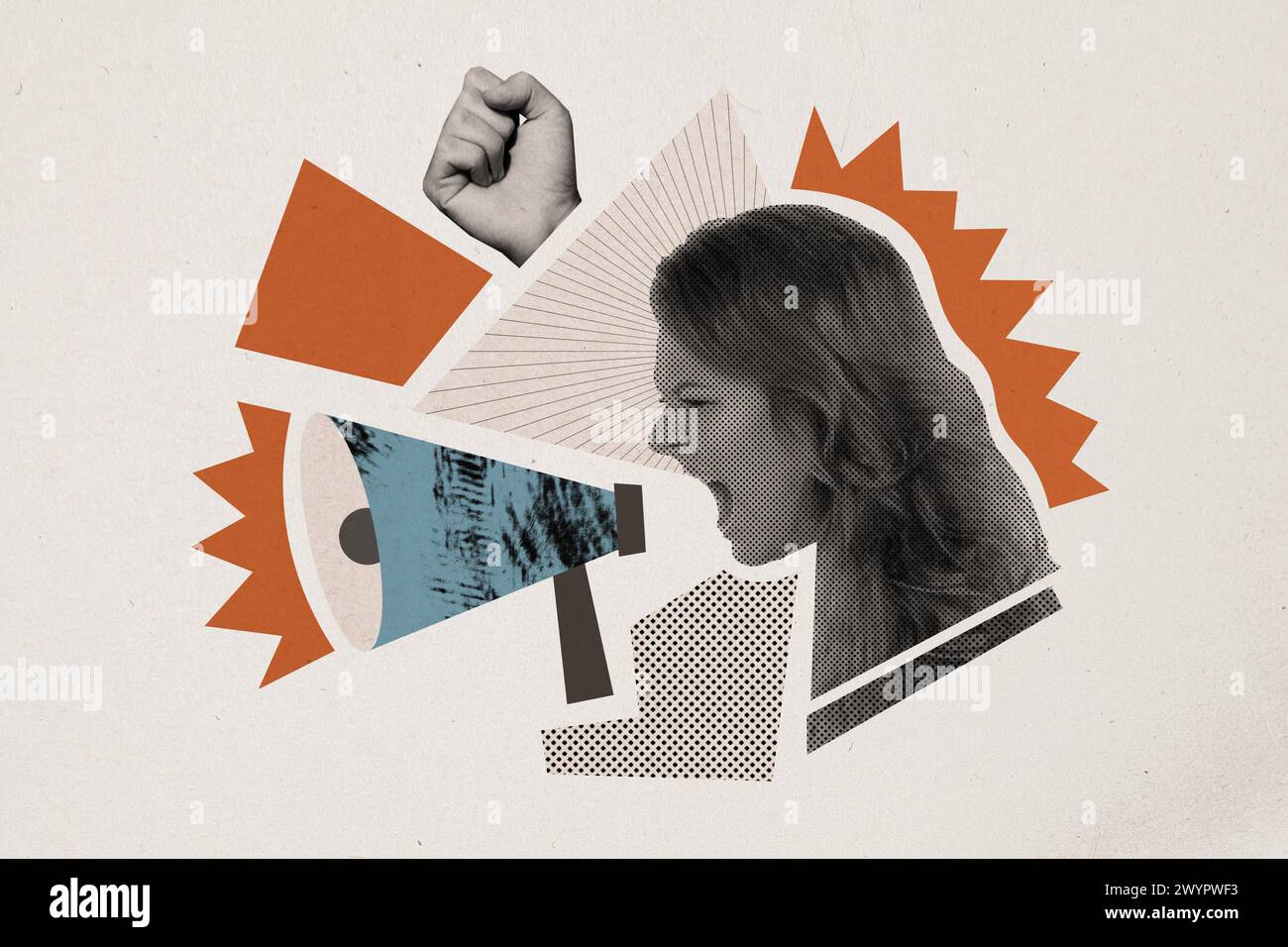 Composite photo collage of angry bossy girl scream loudspeaker workload ...