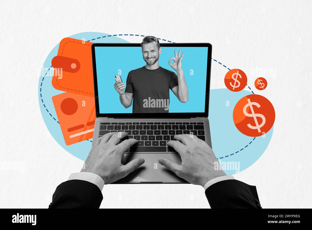 Creative poster collage of hands typing netbook man show okey pay ...