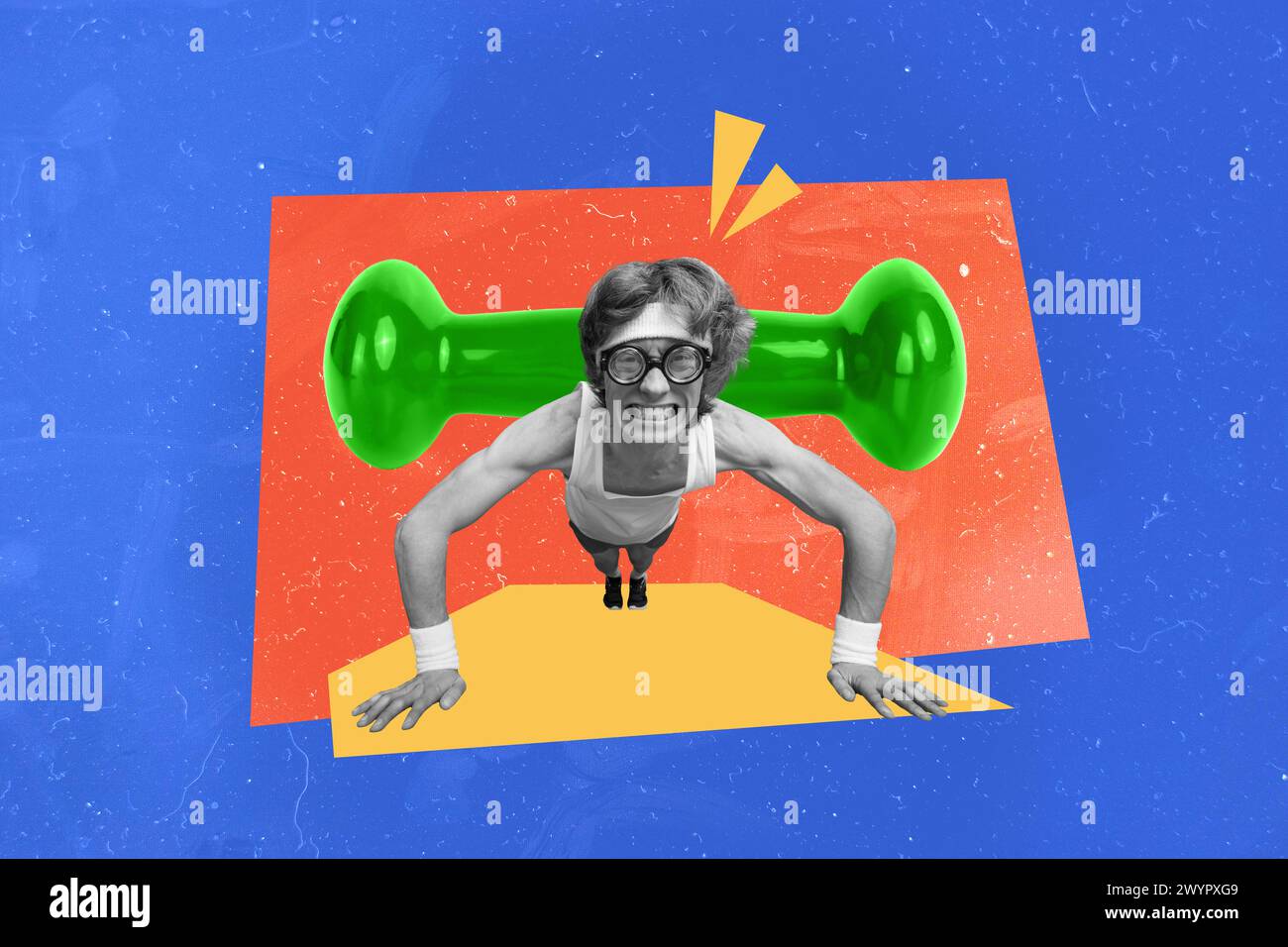 Creative poster collage of funny young man doing push up big dumbbell ...