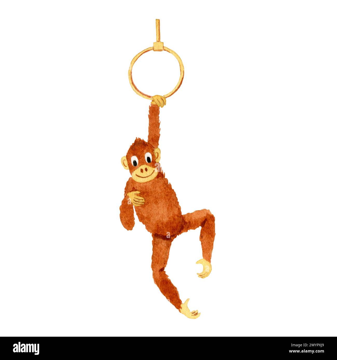 Circus monkey hanging on the ring, hand drawn watercolor illustration ...