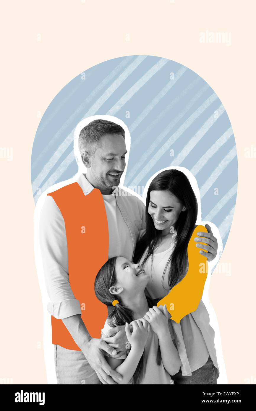 Creative trend collage of cute family father mother hugging daughter ...