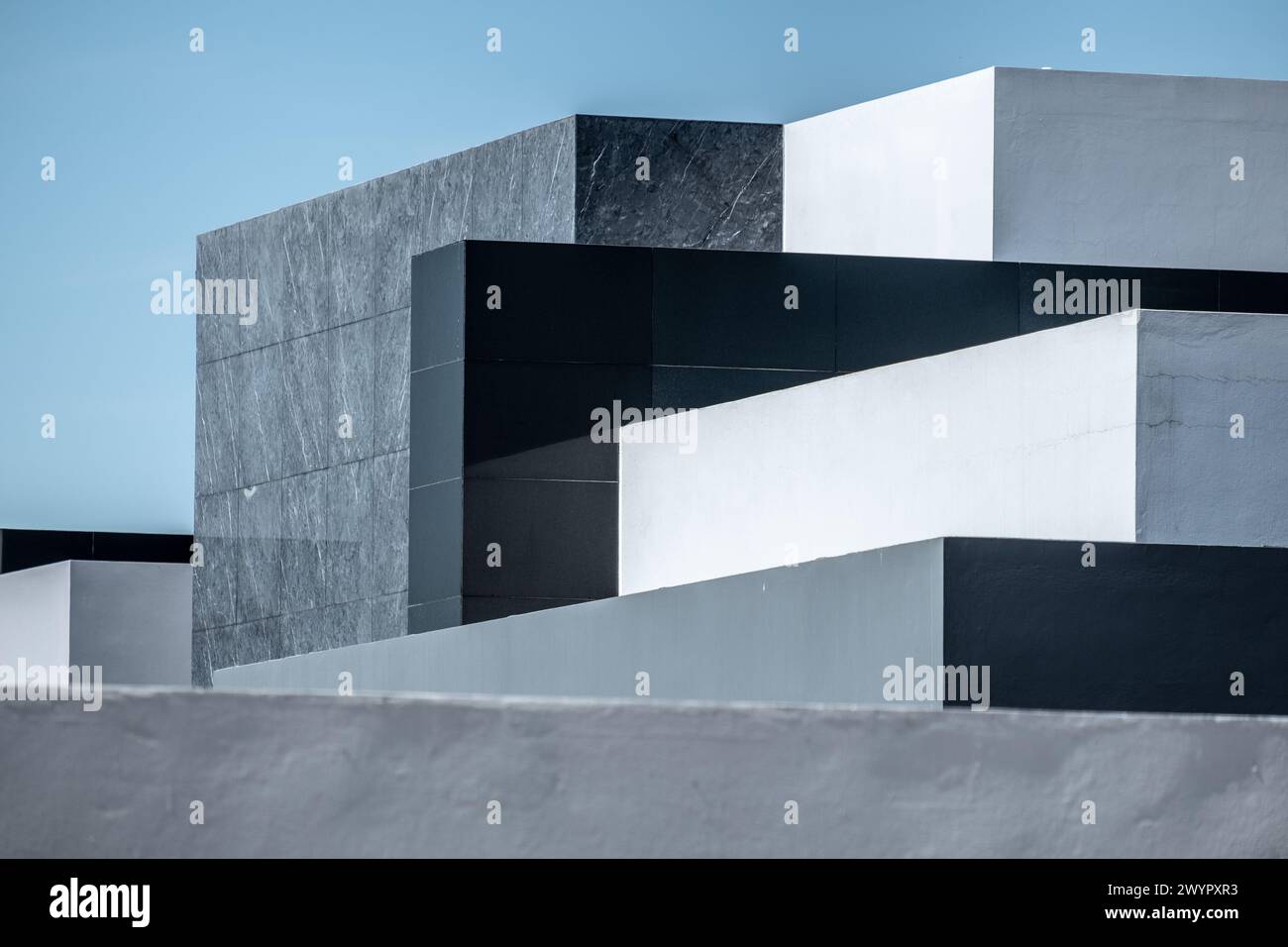 The roof of a modernist exterior of high end, luxury, villa development ...