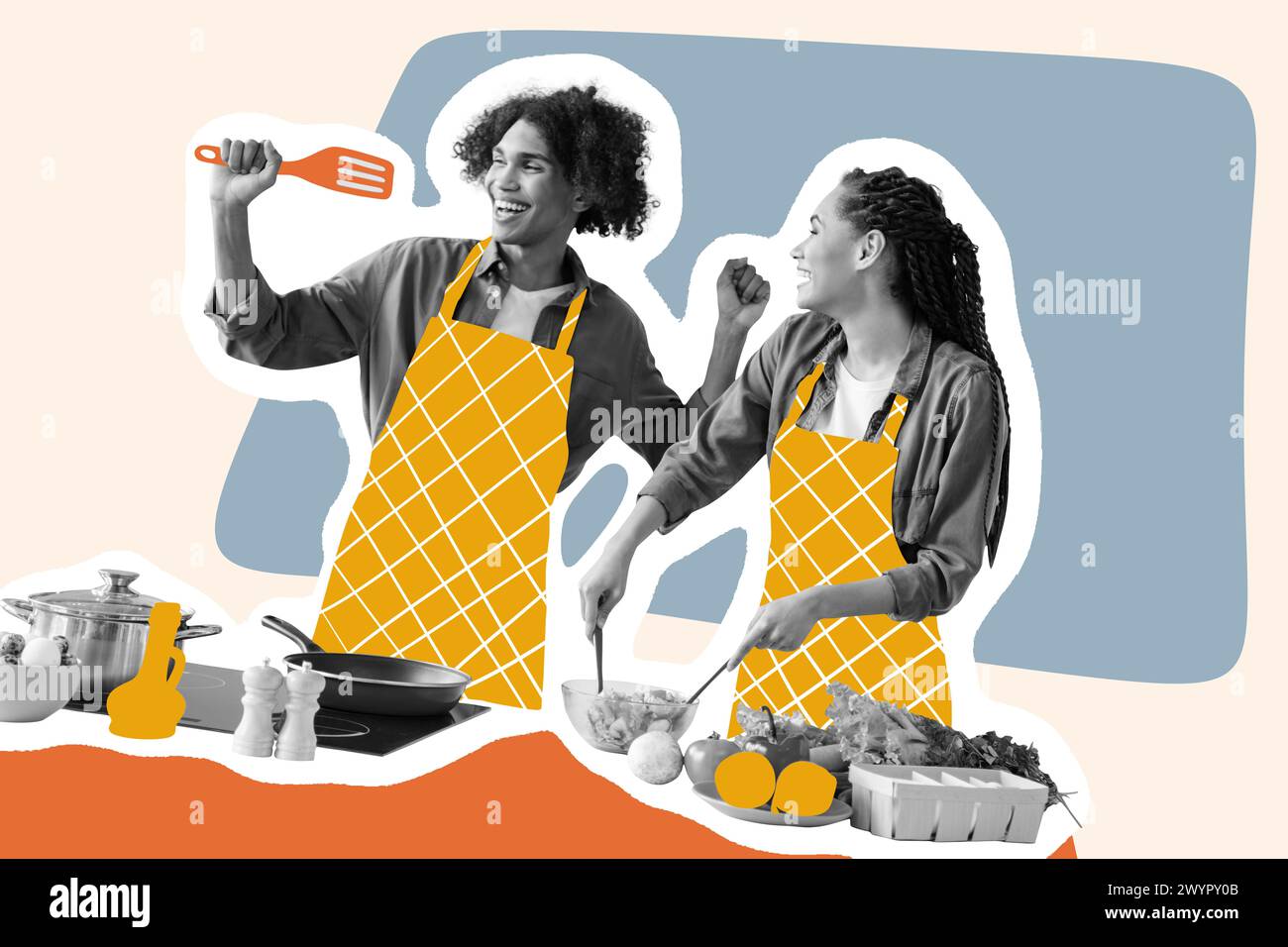 Creative trend collage of cute couple cooking together have fun healthy ...