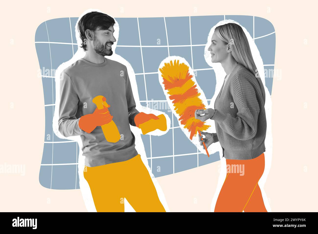 Creative trend collage of cute couple dust cleaning home have fun spend ...