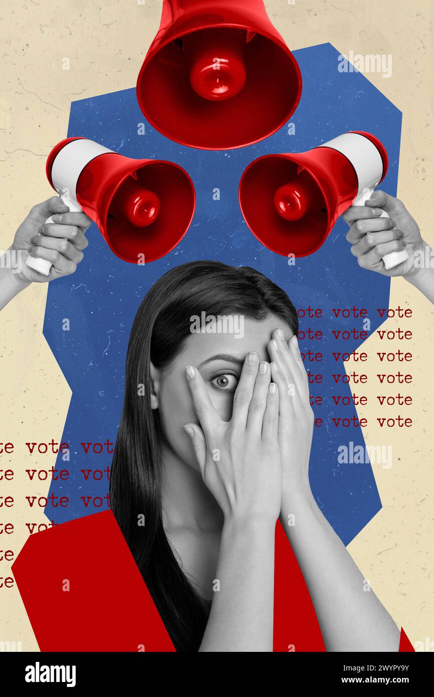 Creative trend collage of frightened female peek hands hold megaphone ...