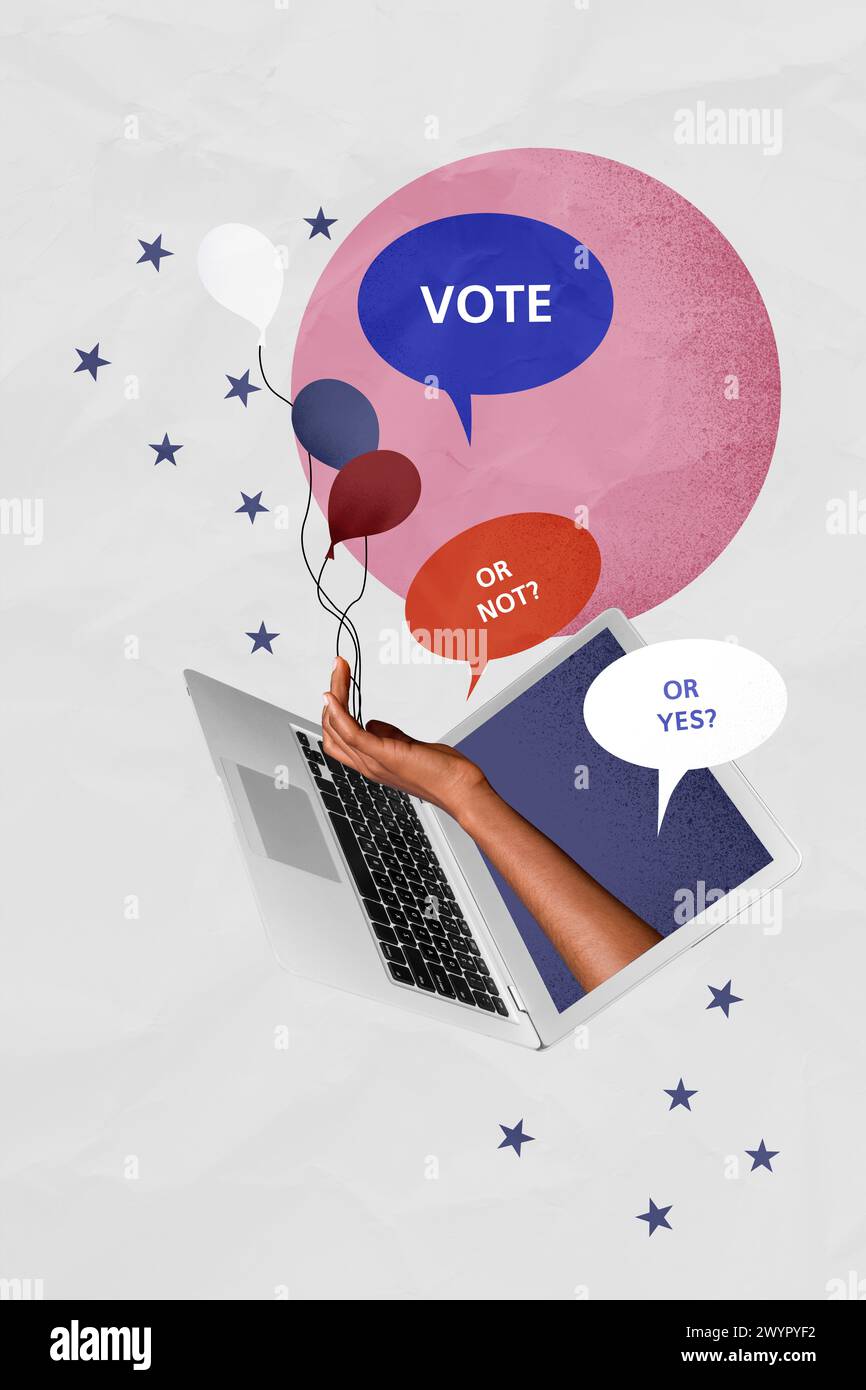 Vertical photo collage of hand peek macbook screen hesitate vote or not ...