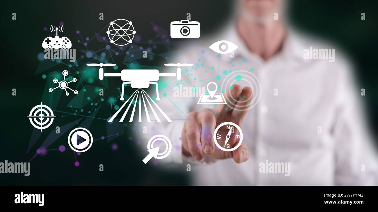 Man touching a drone concept on a touch screen with his finger Stock ...