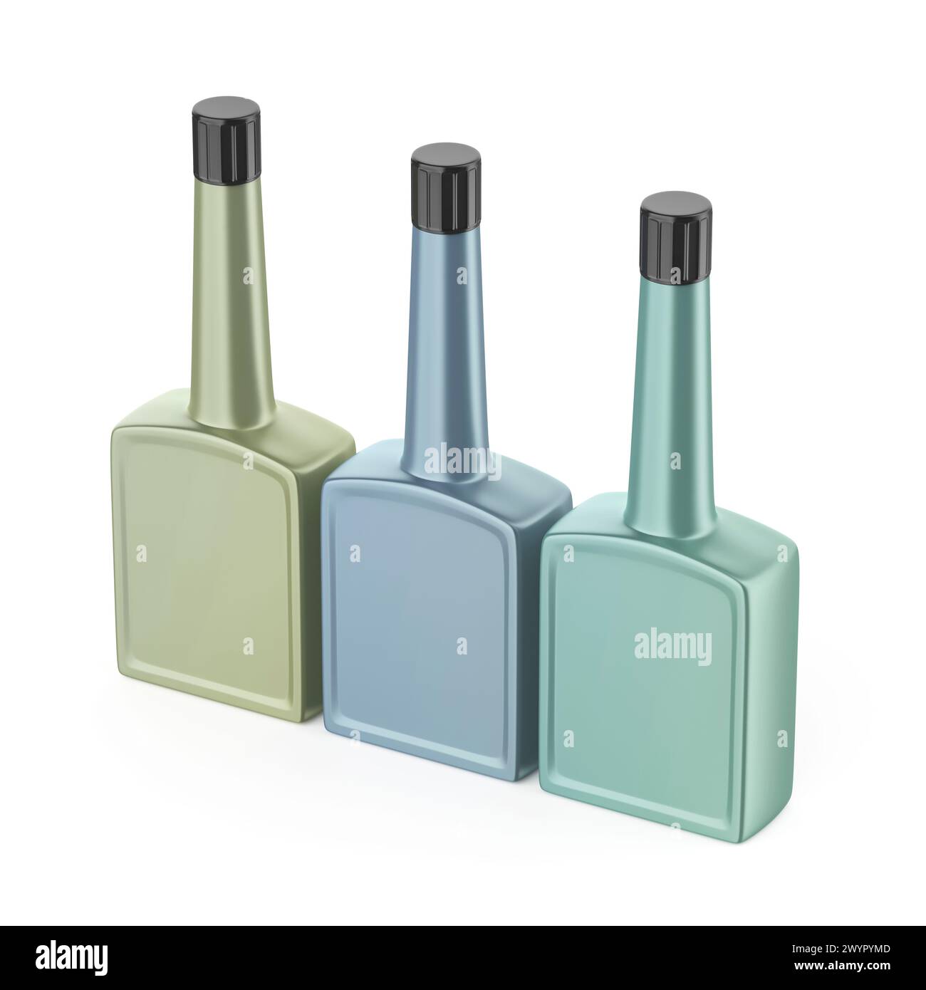 Three different colored plastic bottles for automotive fuel additive ...