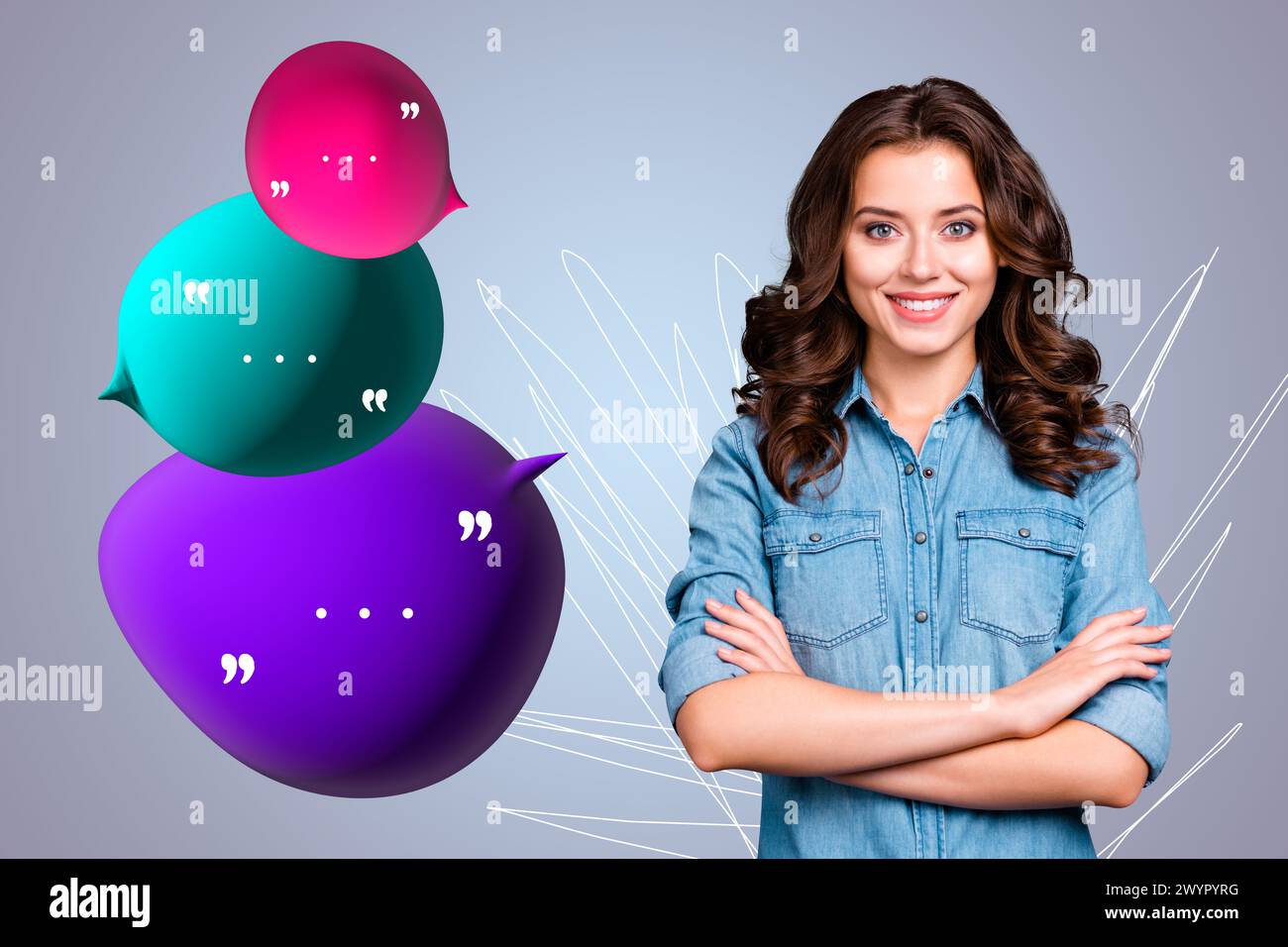 Composite collage picture image of confident female speech bubble communication concept fantasy ...