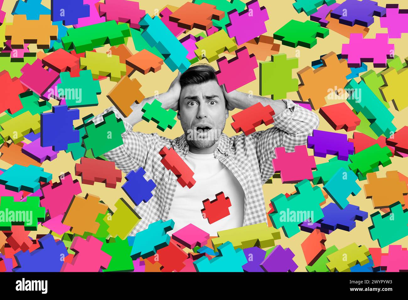 Composite collage picture image of confused afraid man puzzle game ...