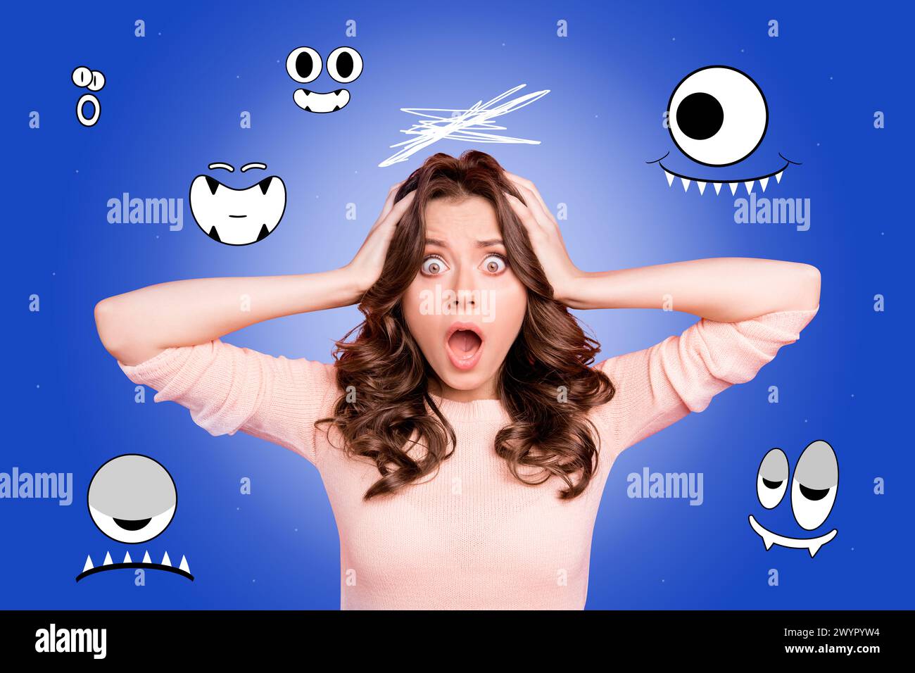 Composite collage picture image of frightened female monster face show different mood fantasy ...