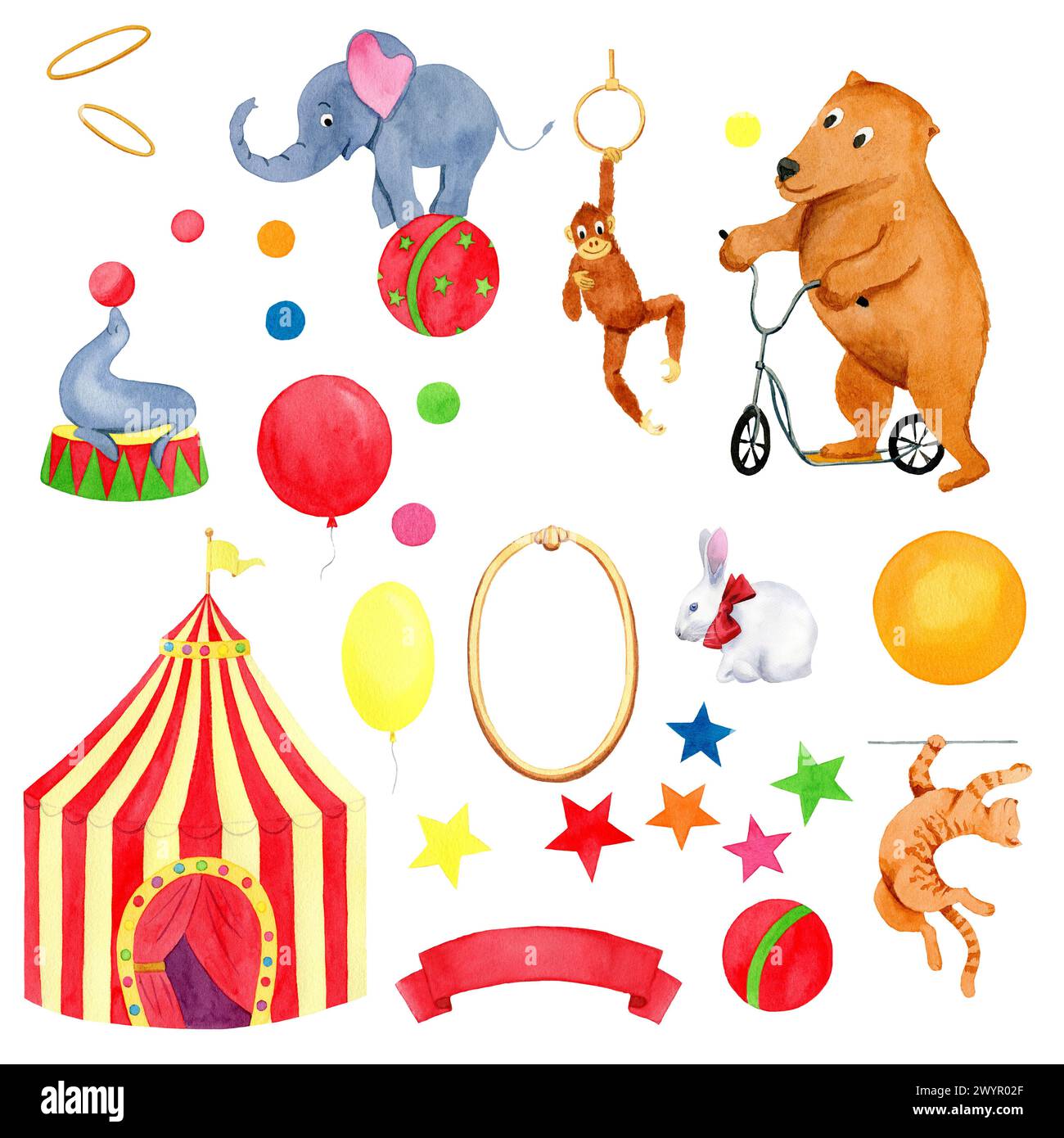 Cute circus watercolor illustration set for kids. Circus tent, monkey ...