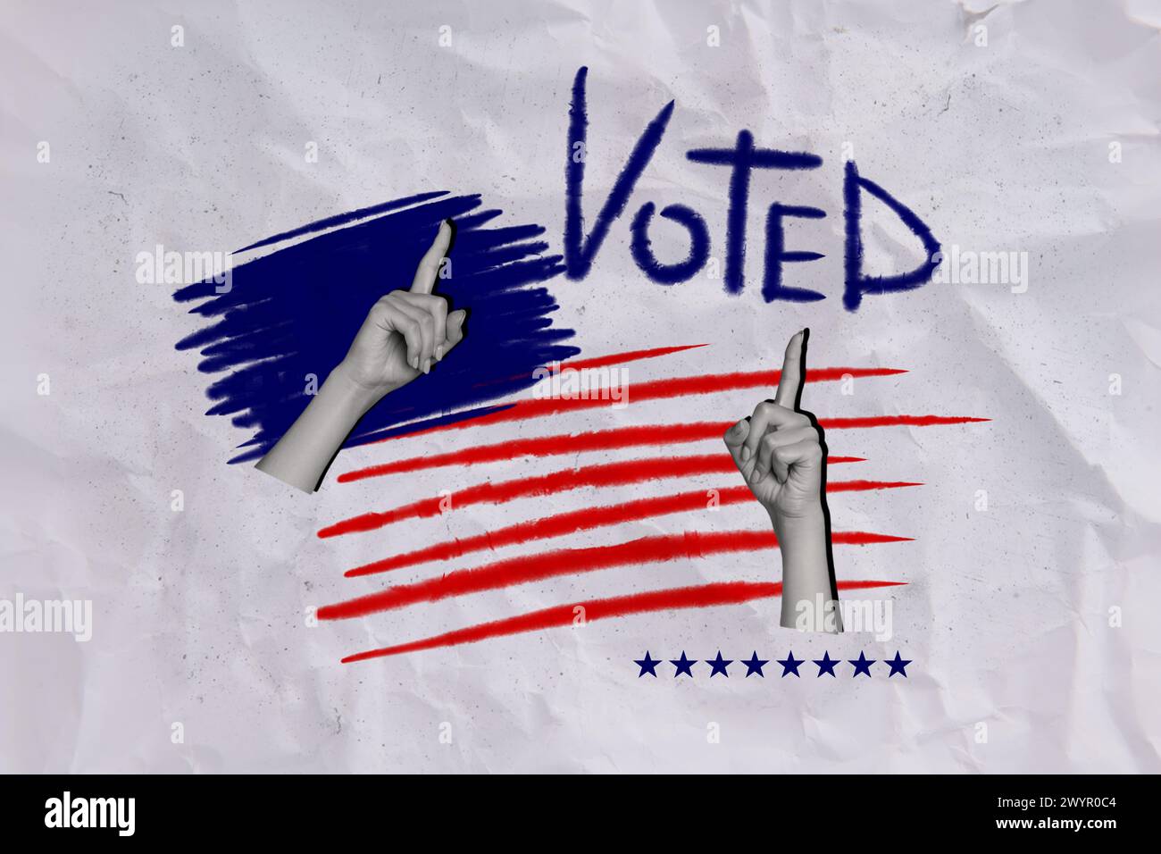 Creative collage picture human hands arms pointing showing voted choose ...