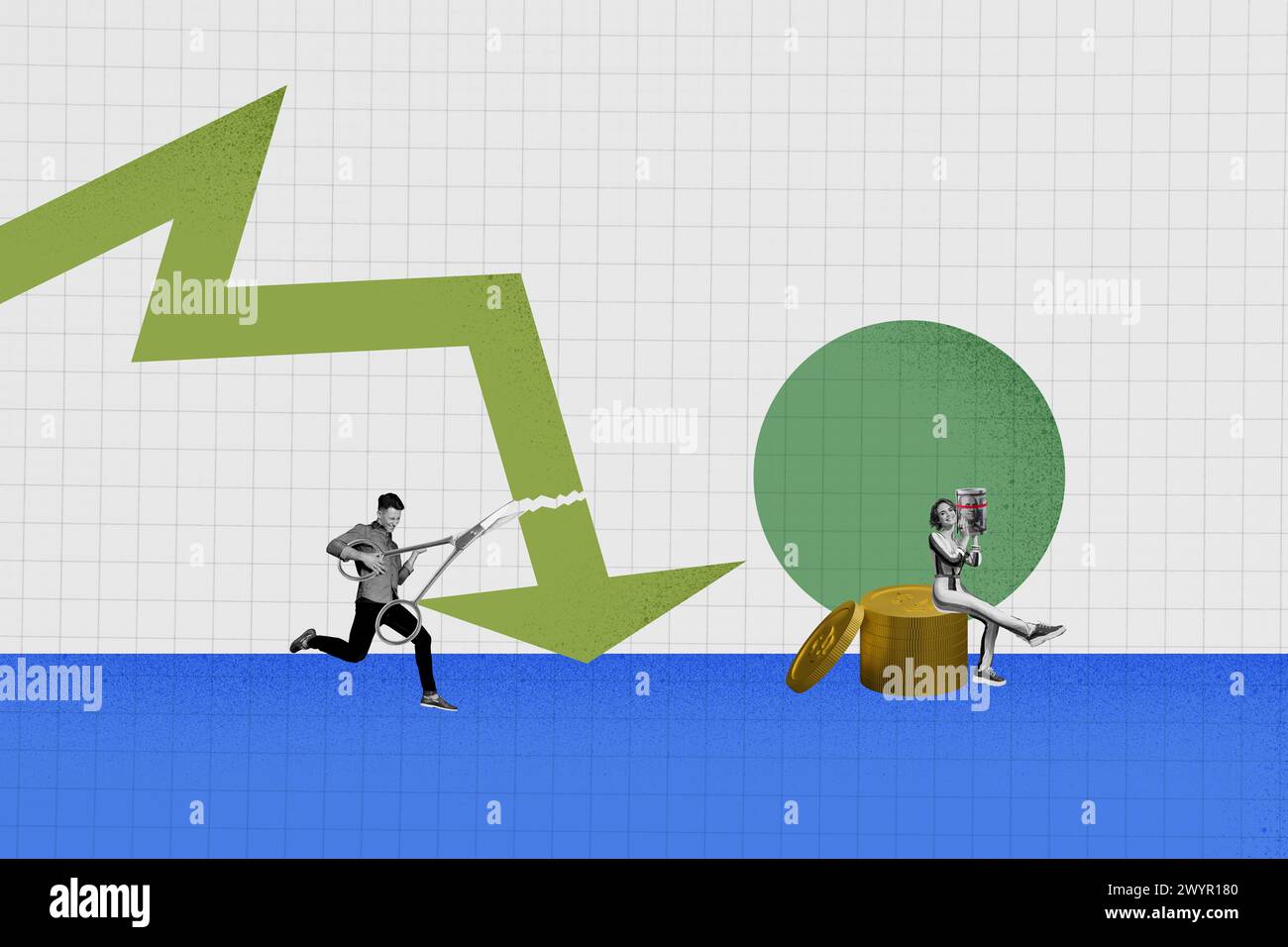 Composite photo collage of angry guy cut scissors arrow down bankrupt ...