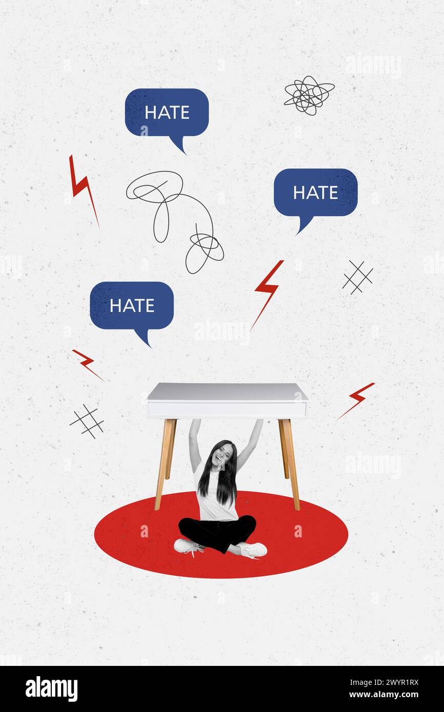 Vertical photo collage of happy girl sit table roof save hate bullying ...