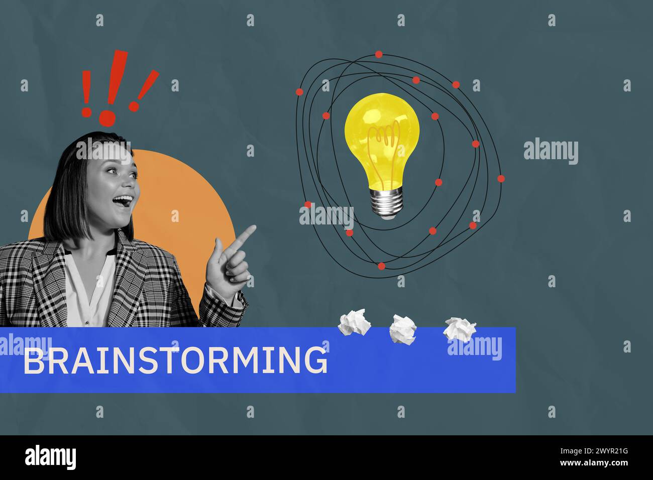 Composite photo collage of happy businesswoman point light bulb idea ...