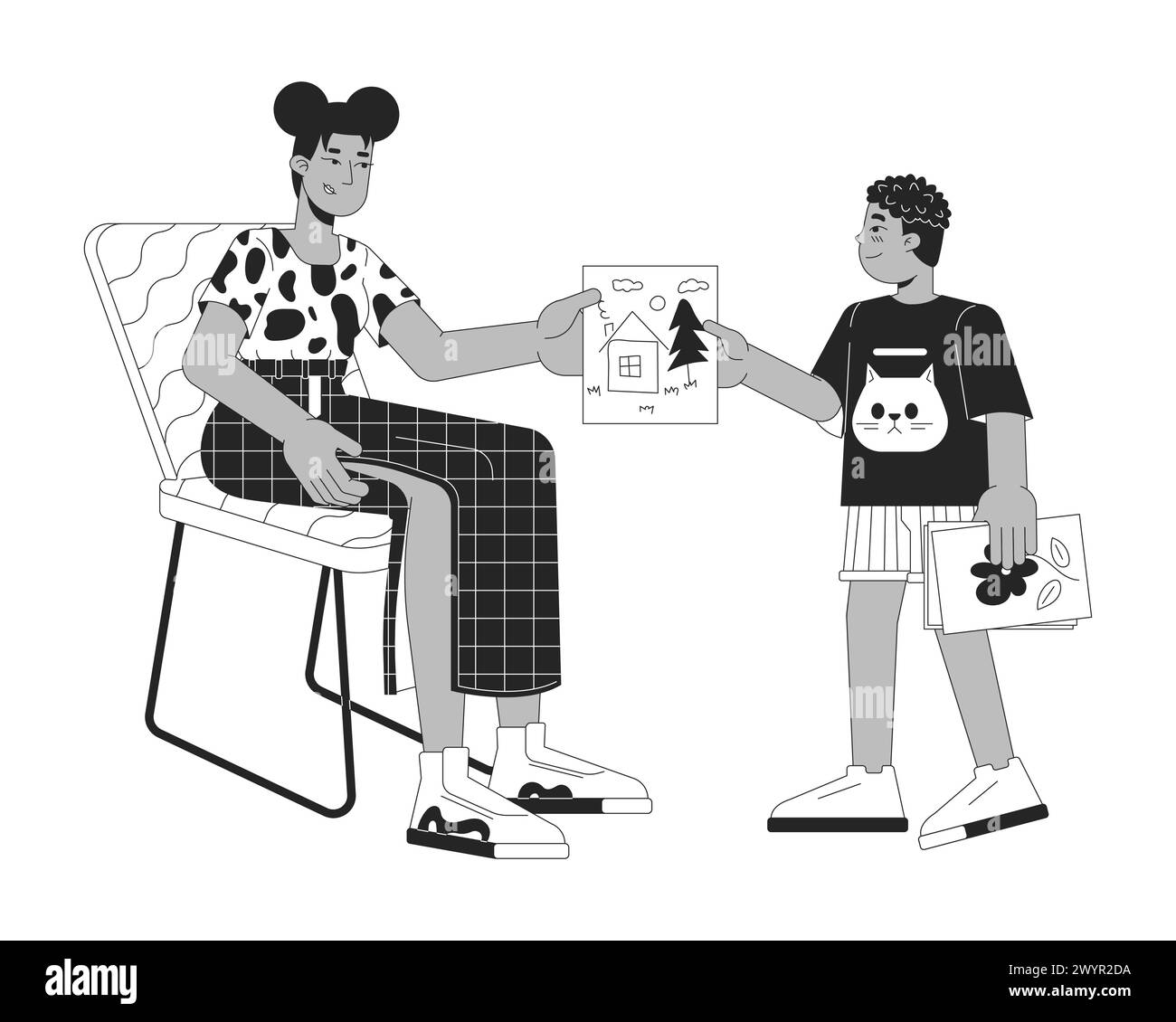 Little son giving picture to mother black and white 2D line cartoon ...