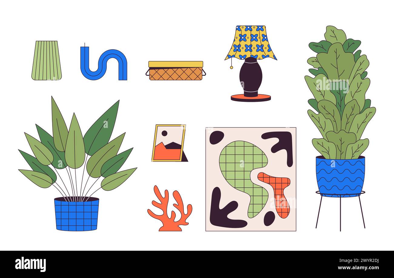 Domestic atmosphere essentials 2D linear cartoon objects set Stock ...