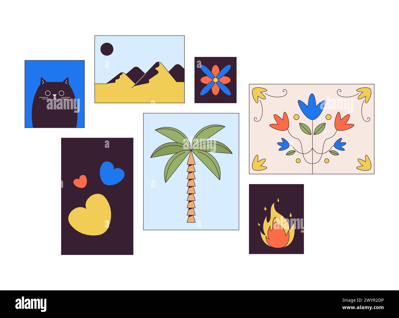 Decorative paintings hanging 2D linear cartoon objects set Stock Vector ...