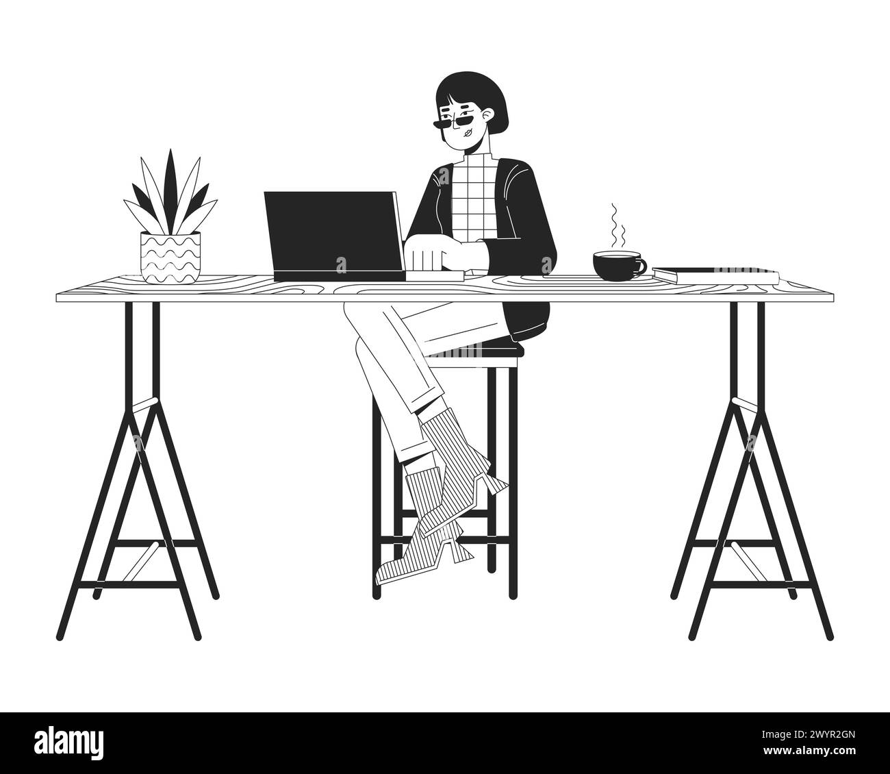 Asian female working on laptop at counter table black and white 2D line ...