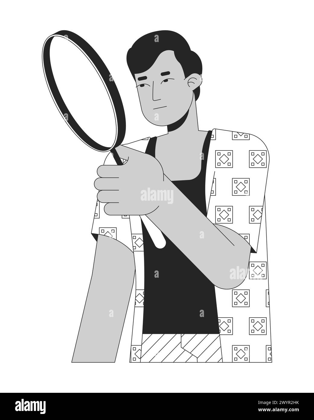 Indian Man Looking Through Loupe Black And White 2d Line Cartoon Character Stock Vector Image