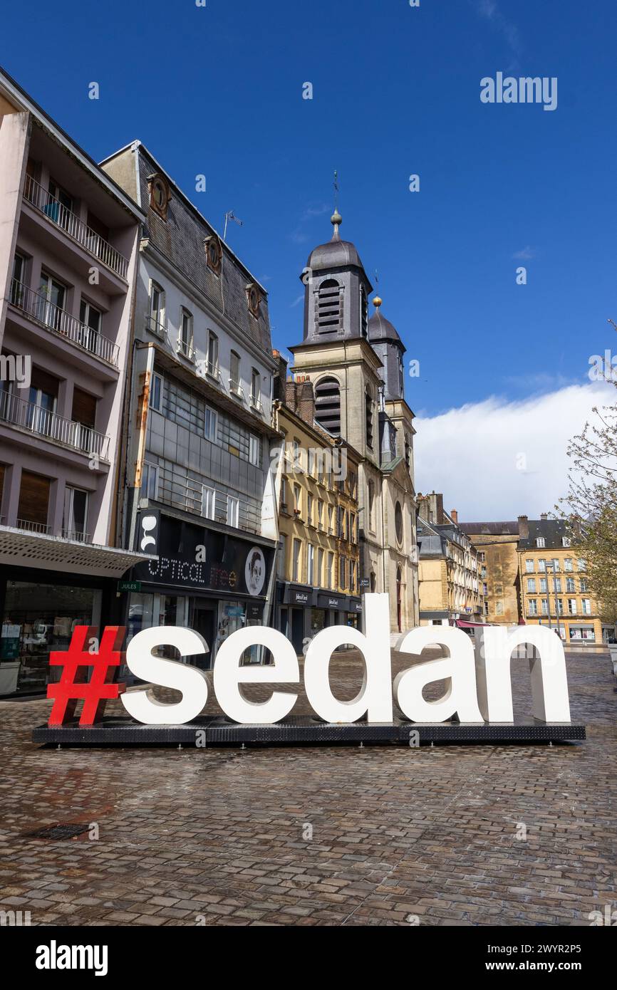 SEDAN, FRANCE, 4 APRIL 2024: Street view of the city of Sedan with the ...