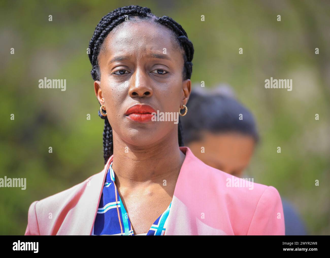 Florence Eshalomi, MP Labour Party, close up of face, looks serious ...